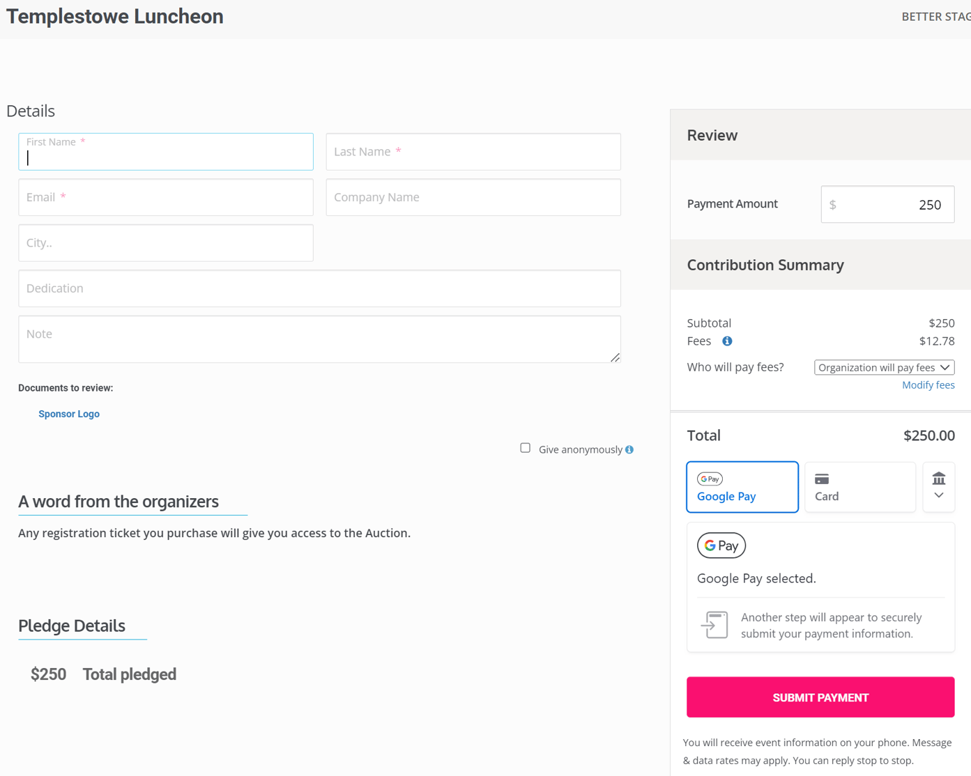 Pledge Payment Charge to Guest Cart