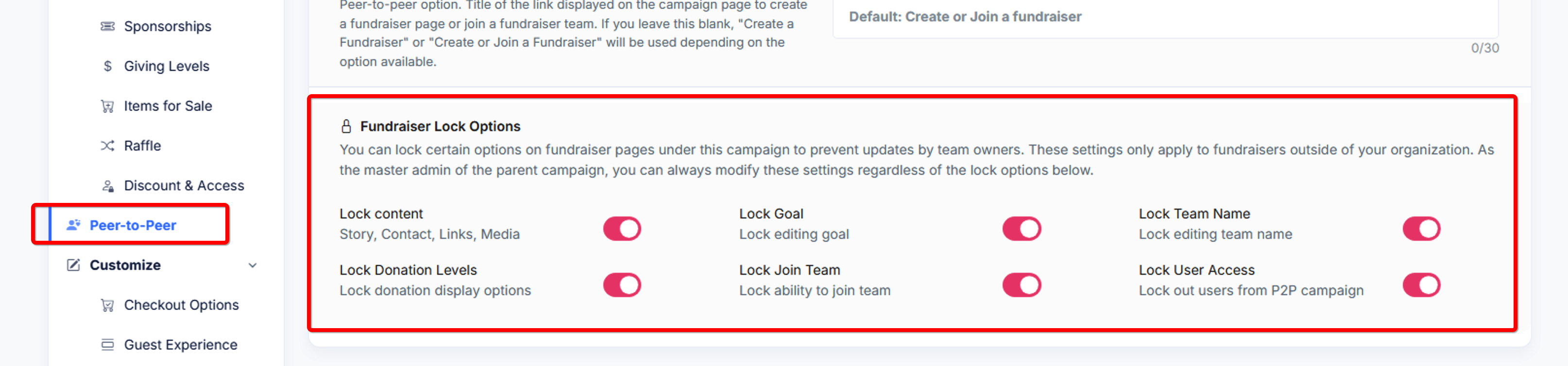 Peer-to-Peer Fundraiser Page Lock Options