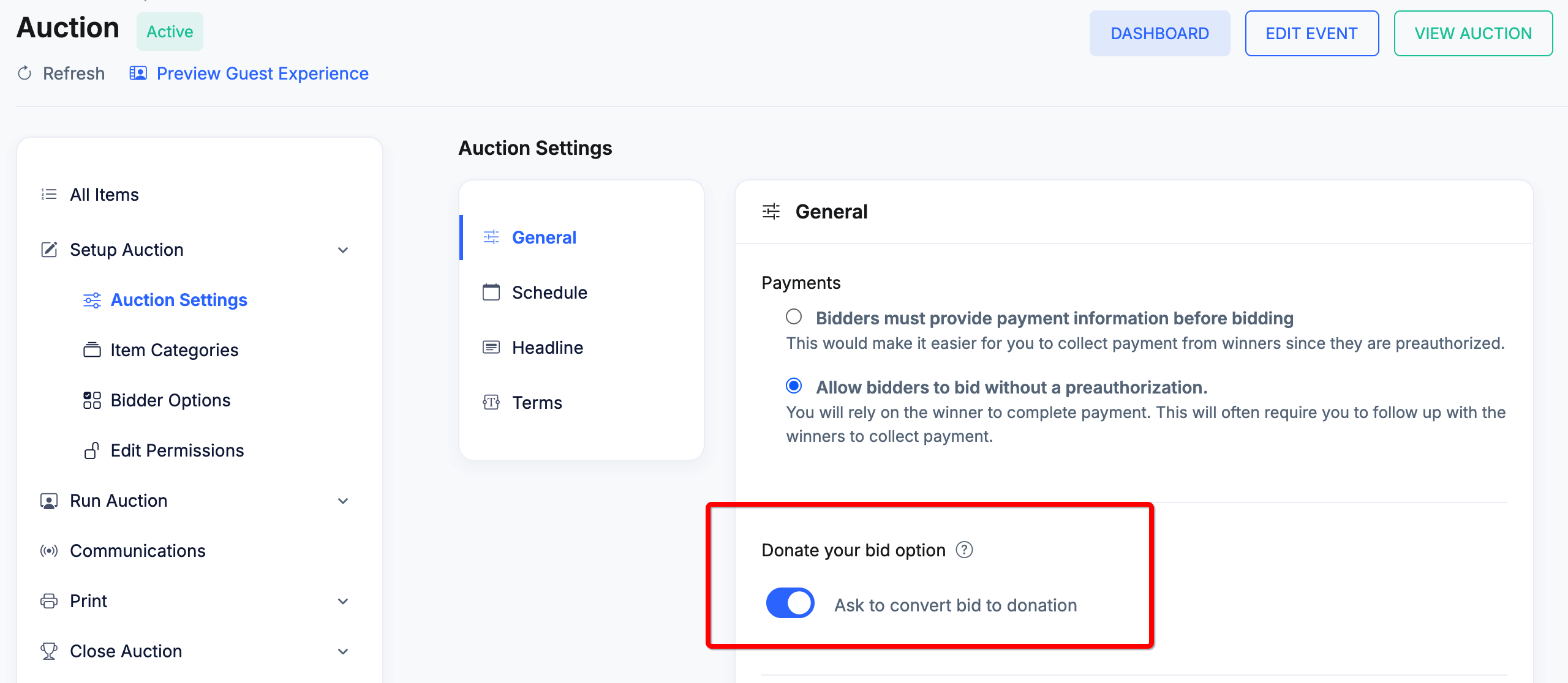 Donate your bid option